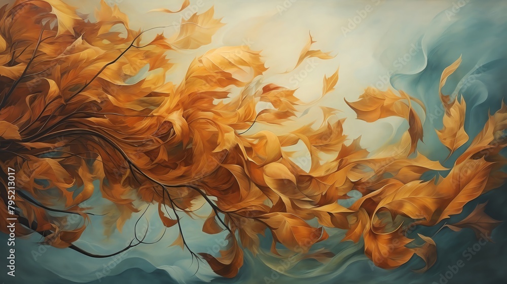 Leaves rustling in a strong breeze, captured in motion, giving a sense ...