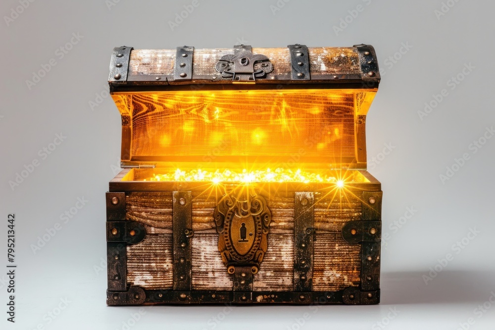 An ancient wooden treasure box with a golden light inside. Shining ...