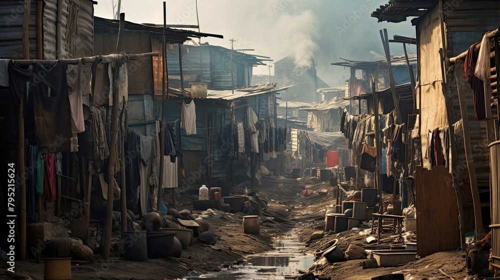 Ilustrace „Makeshift housing in slums with overcrowded living quarters ...