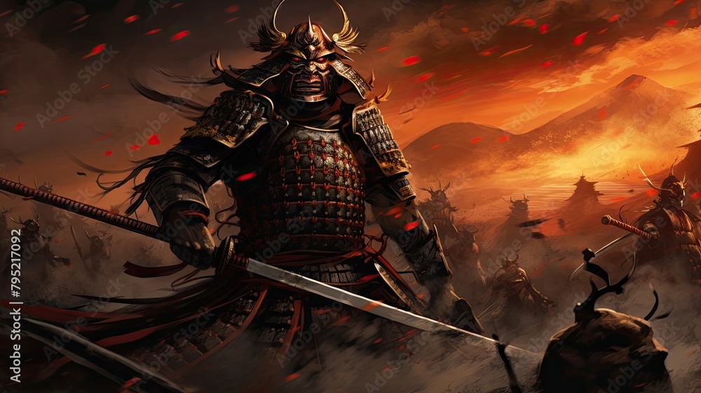 Samurai warlord leads his troops to the decisive battlefield. Japanese ...