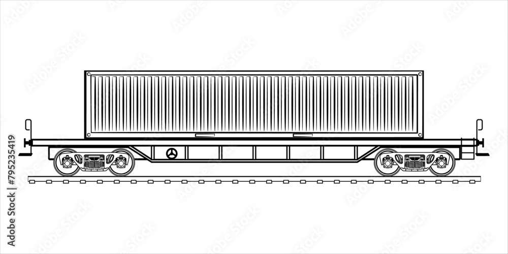 Railroad cargo container wagon - outline vector illustration. High ...