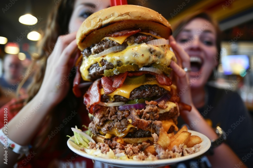Excited woman attempting to eat a massive, layered burger, capturing a ...