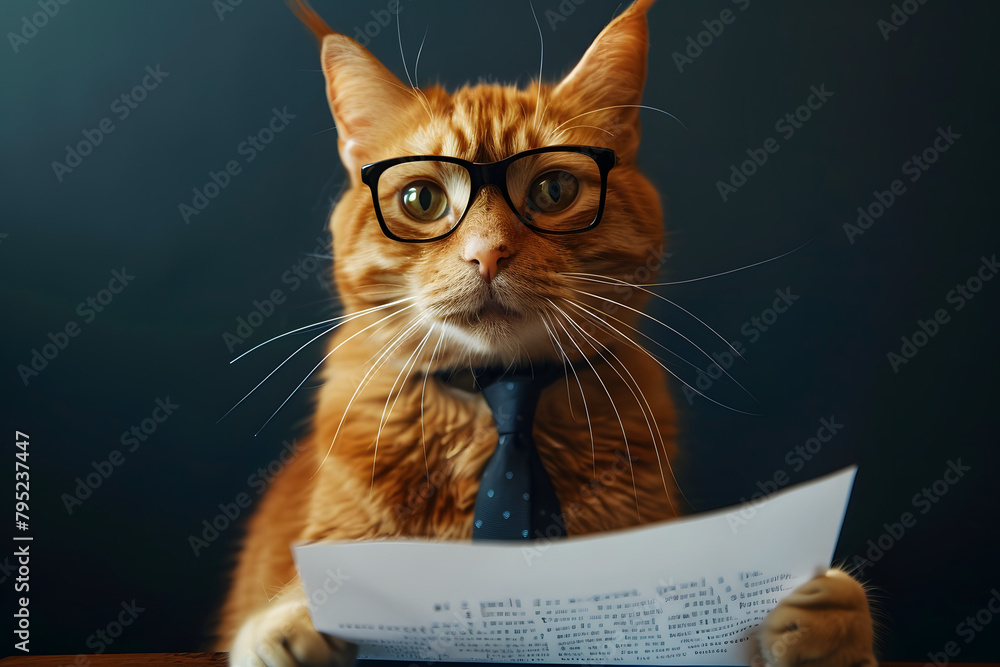 An elegant cat as a corporate lawyer, reviewing legal documents, set ...
