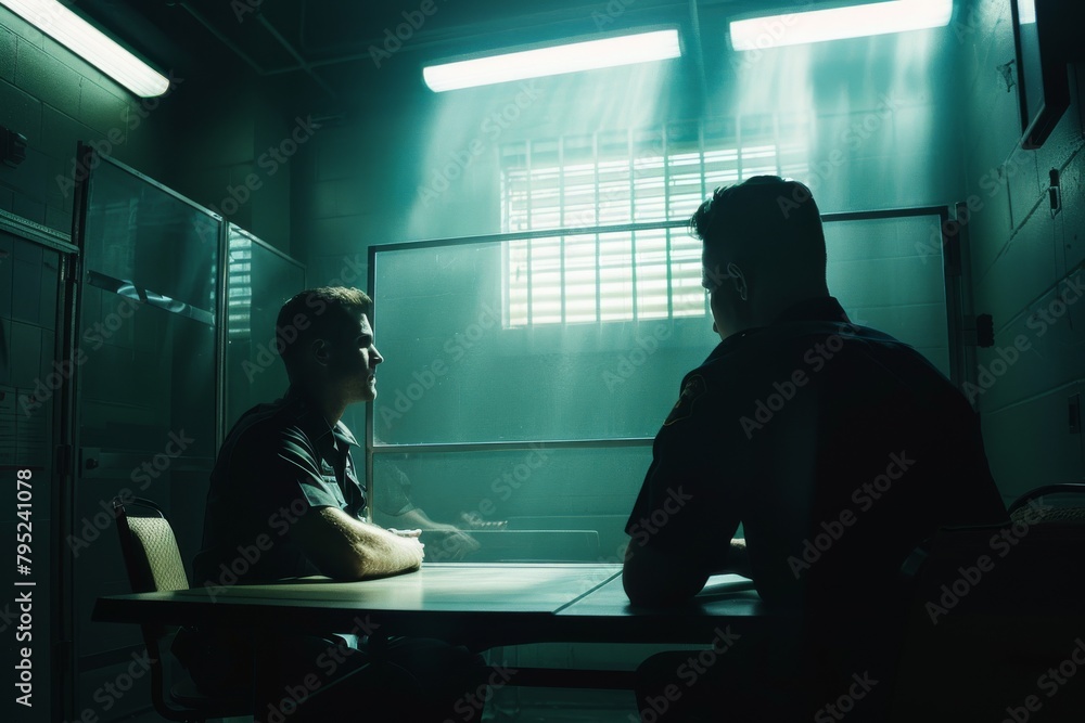 A somber, cinematic scene captures two men facing each other in an ...