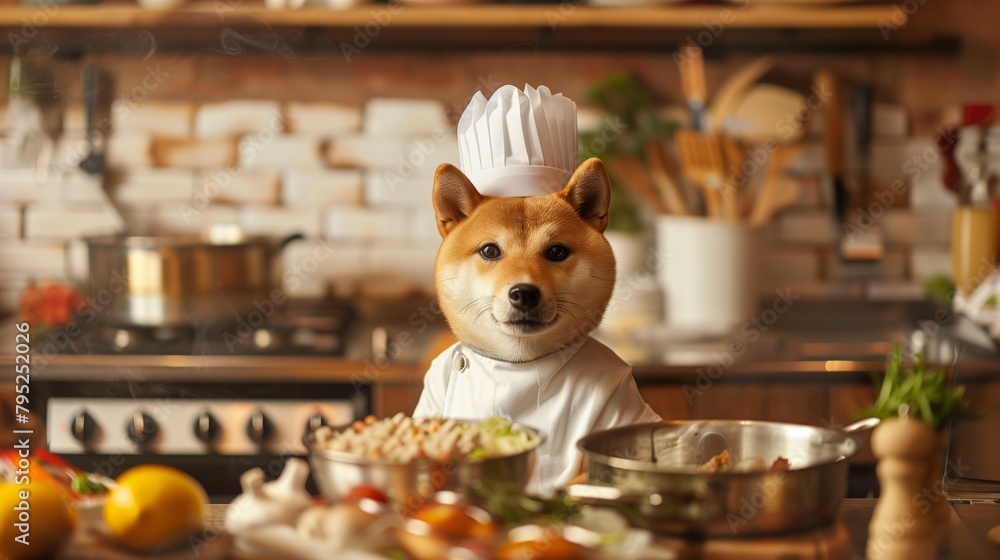 Shiba Inu meme dog dressed as a chef cook, wearing an apron and toque ...