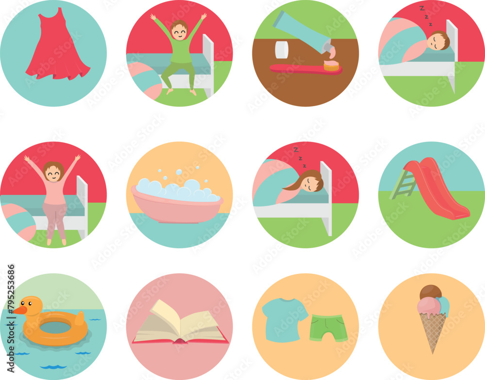 Set of icons of daily routines for kids in summer time. Wake up ...