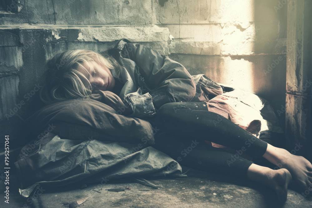 Homeless poor teenage girl lying on the floor in an abandoned house ...