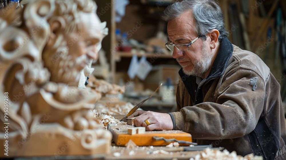Woodcarver In The Workshop, Crafting Wooden Sculptures And Carvings ...