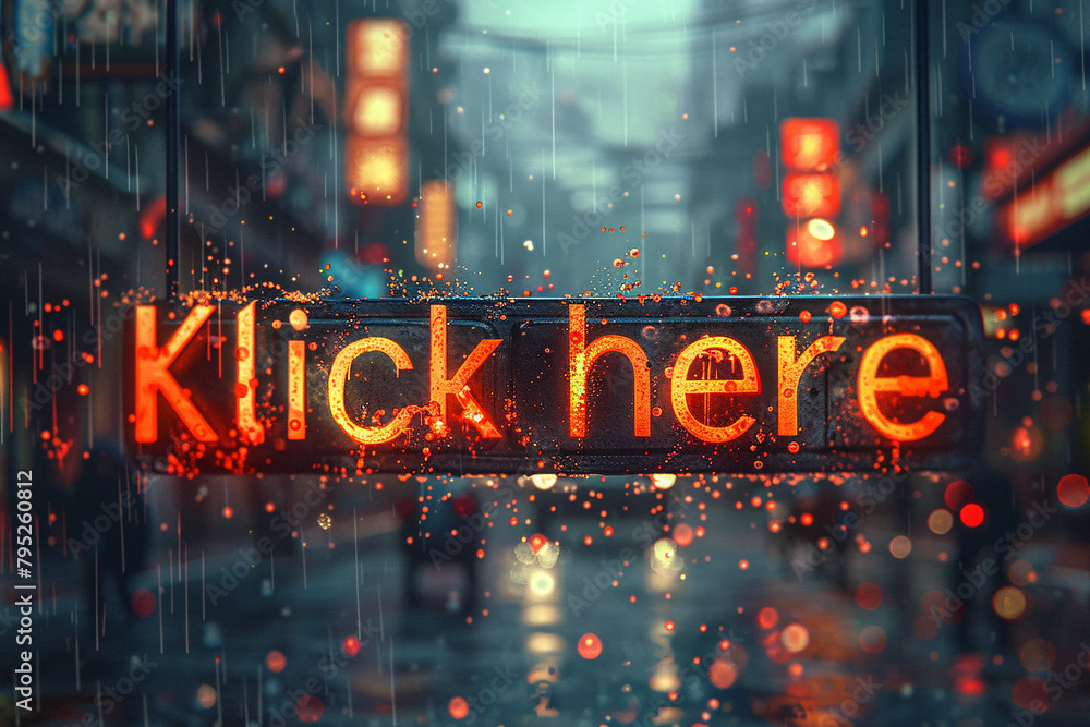 Neon sign saying 'Klick here' in a rainy window with blurred city ...