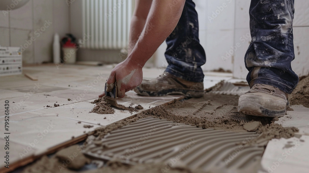 Tile Layer Lays Floor Tiles In The Bathroom, Professional Tiler ...