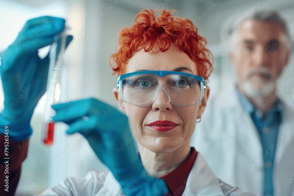 Woman, scientist, blood sample in lab, ppe glasses concepts and ...