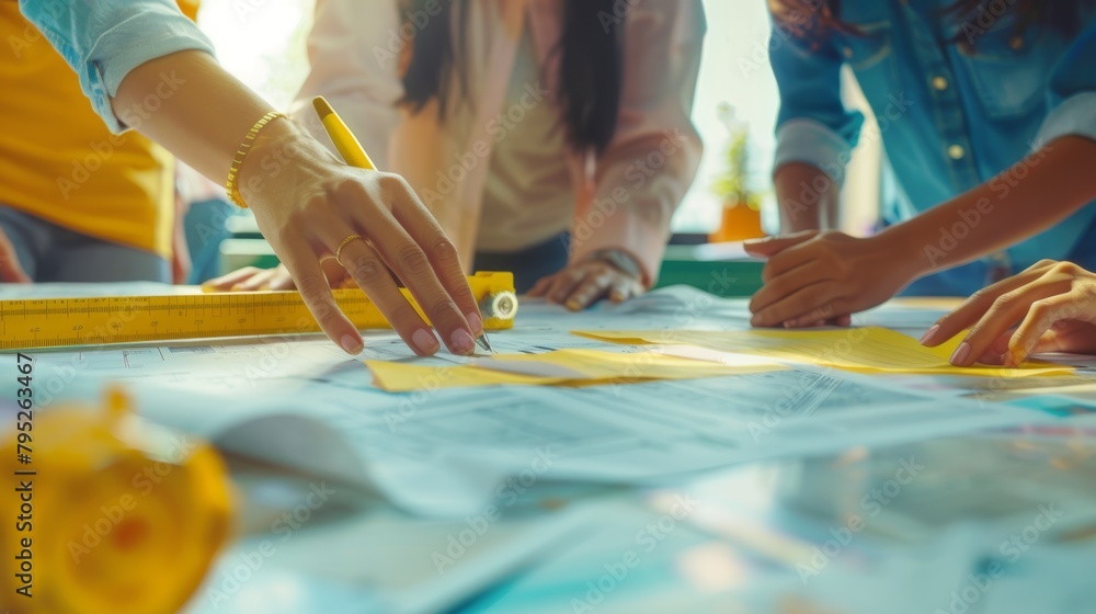 Hands, collaboration, and design with an architecture team in their ...