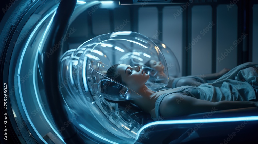 Team of astronauts in hypersleep anabiosis chamber aboard the orbital ...