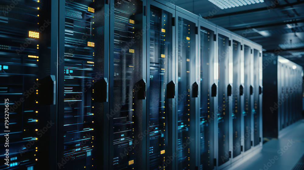 Modern Data Center with Grey and Blue Scaled solid wall of black server ...