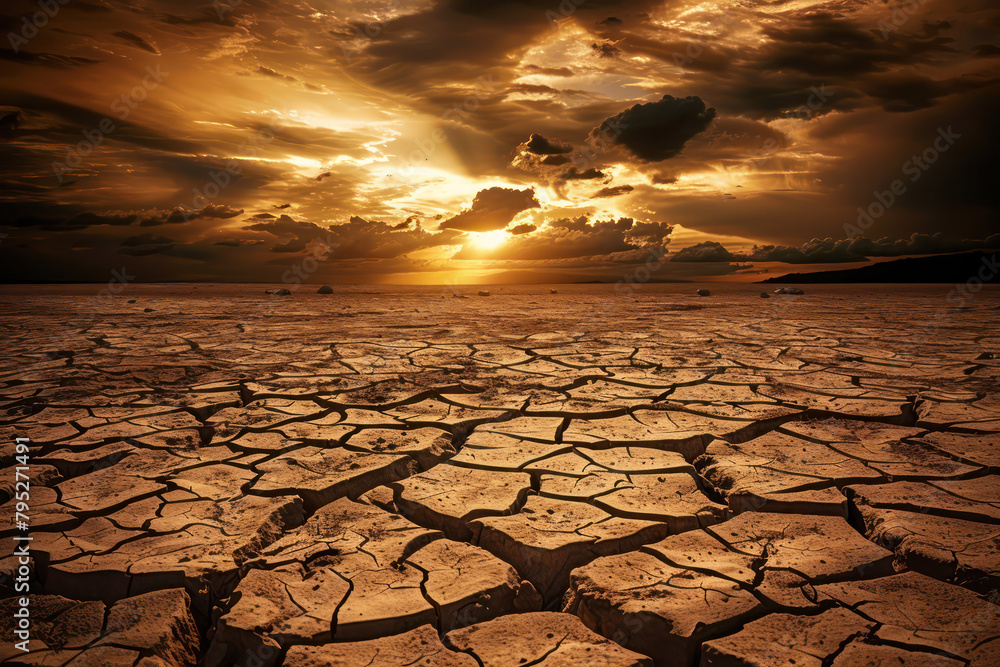 A vast, cracked desert under an ominous sky, symbolizes the impact of ...