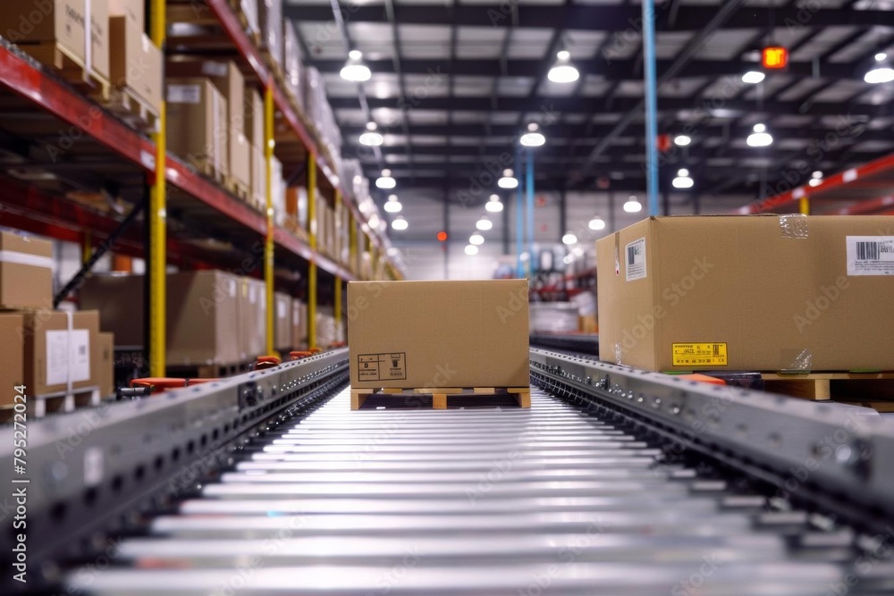 seamless flow of cardboard boxes on conveyor belt in warehouse ...