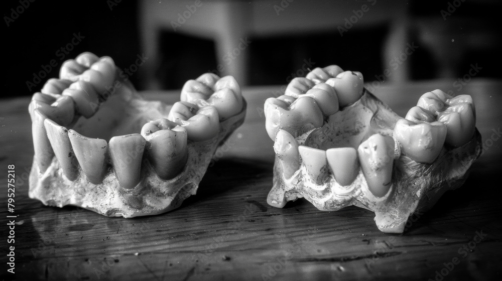 Two sets of teeth are displayed on a table. The teeth are fake and ...