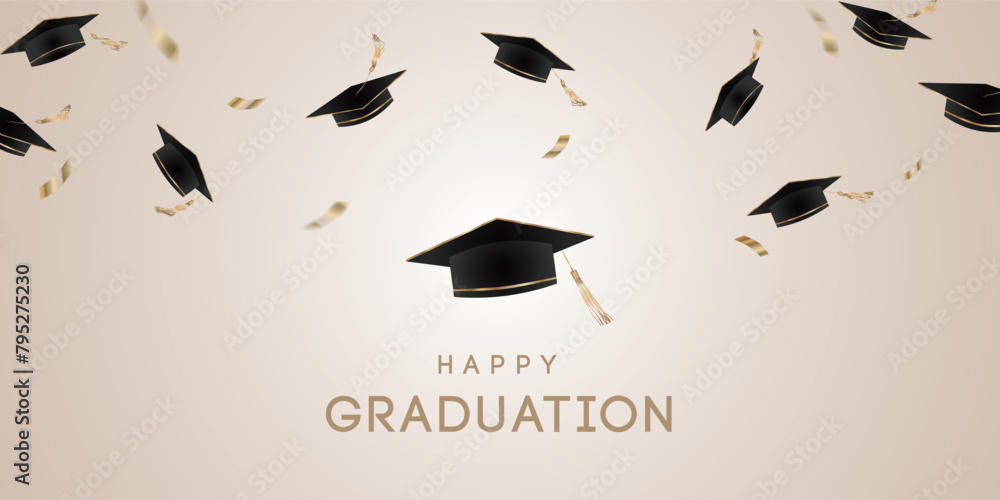 Graduation banner with flying graduation caps and confetti Stock Vector ...