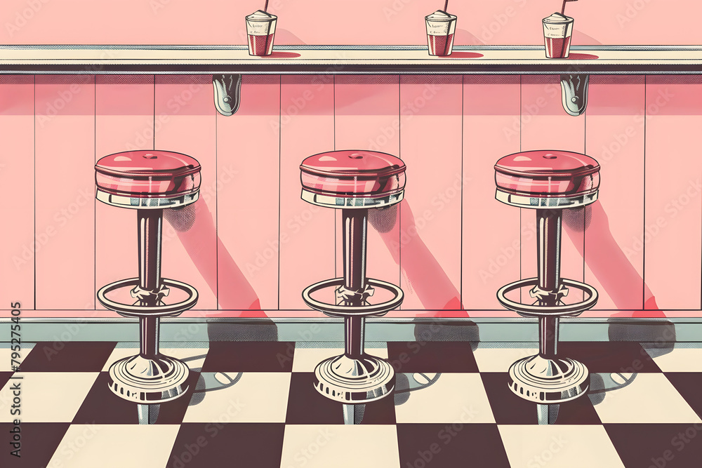 A classic soda fountain scene with stools and shakes, in a nostalgic ...
