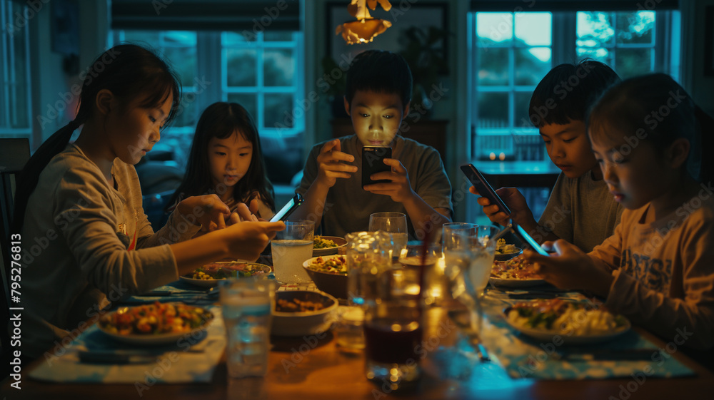 Disconnected Dining: Family Members Engrossed in Smartphones at Dinner ...
