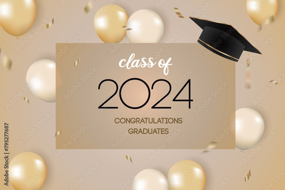 2024 Graduation banner with graduation cap and flying balloons Stock ...