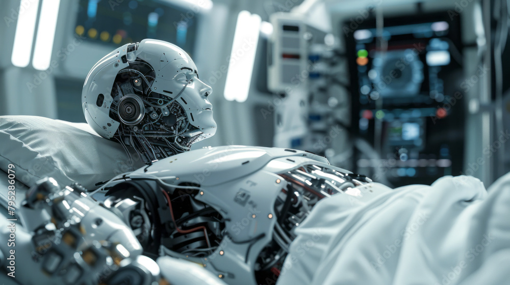 Surgical Robot at Rest. A humanoid surgical robot reclines on an ...