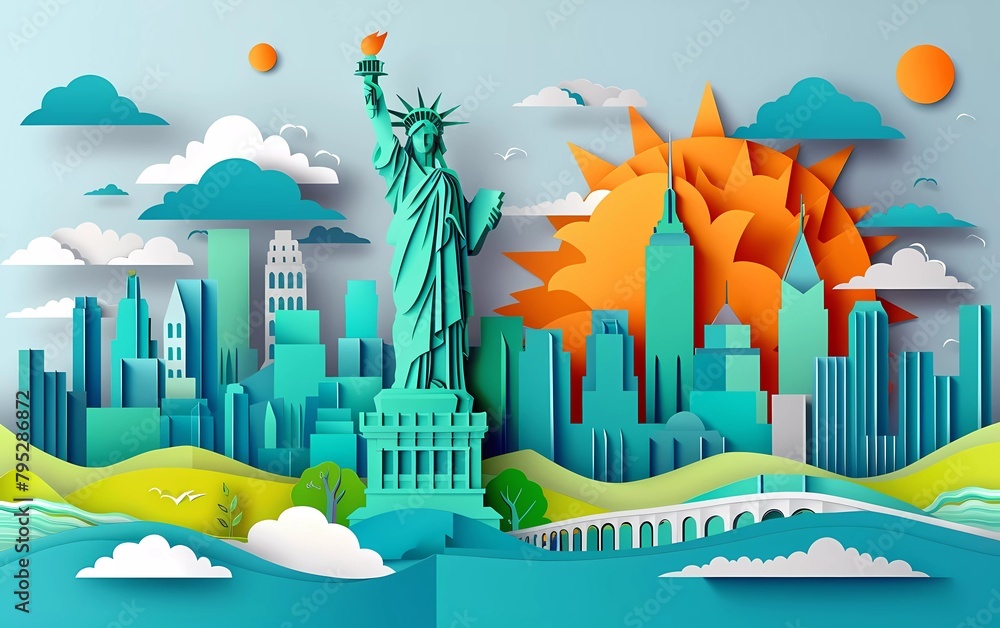 US travel vector illustration. Famous American city landmark background ...