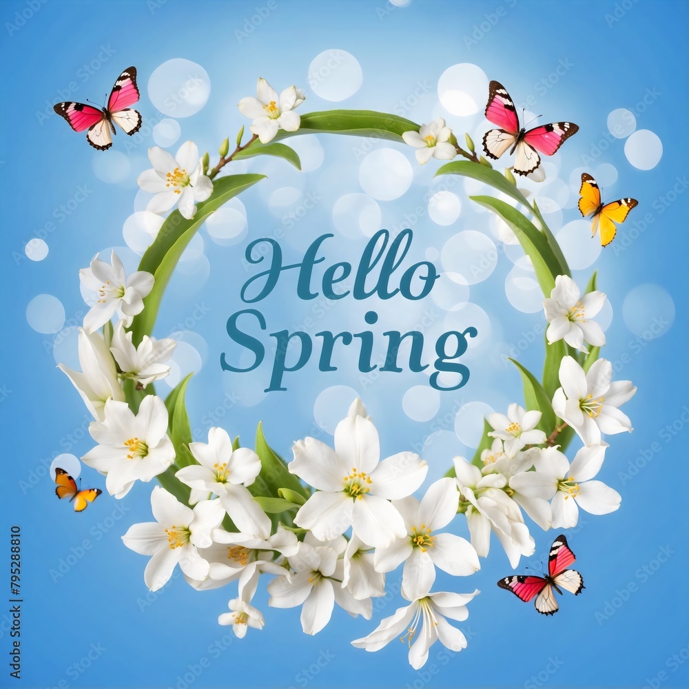 Colorful butterflies and white blooming flowers and leaves, floral ...