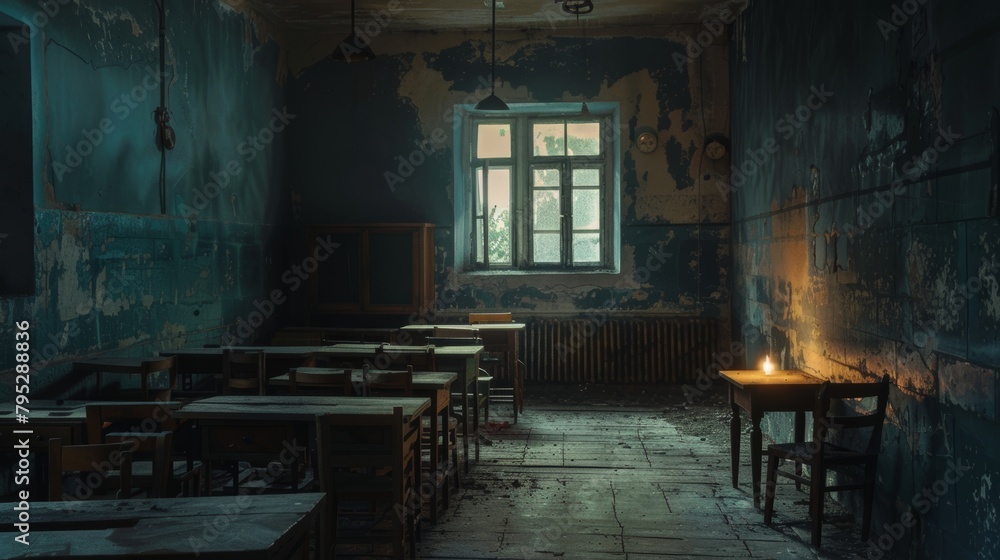 Eerie silence in an empty classroom, aged wooden furniture, dim light ...