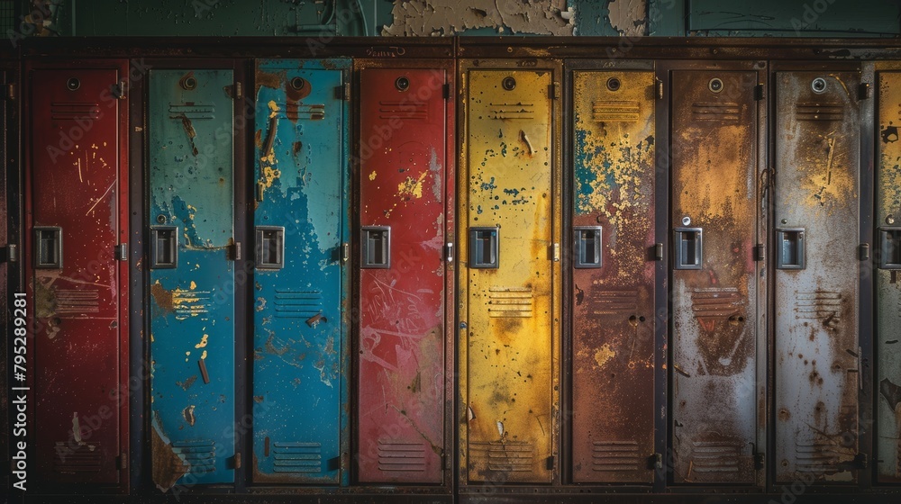 Intimate view of a row of worn lockers in a quiet high school hallway ...