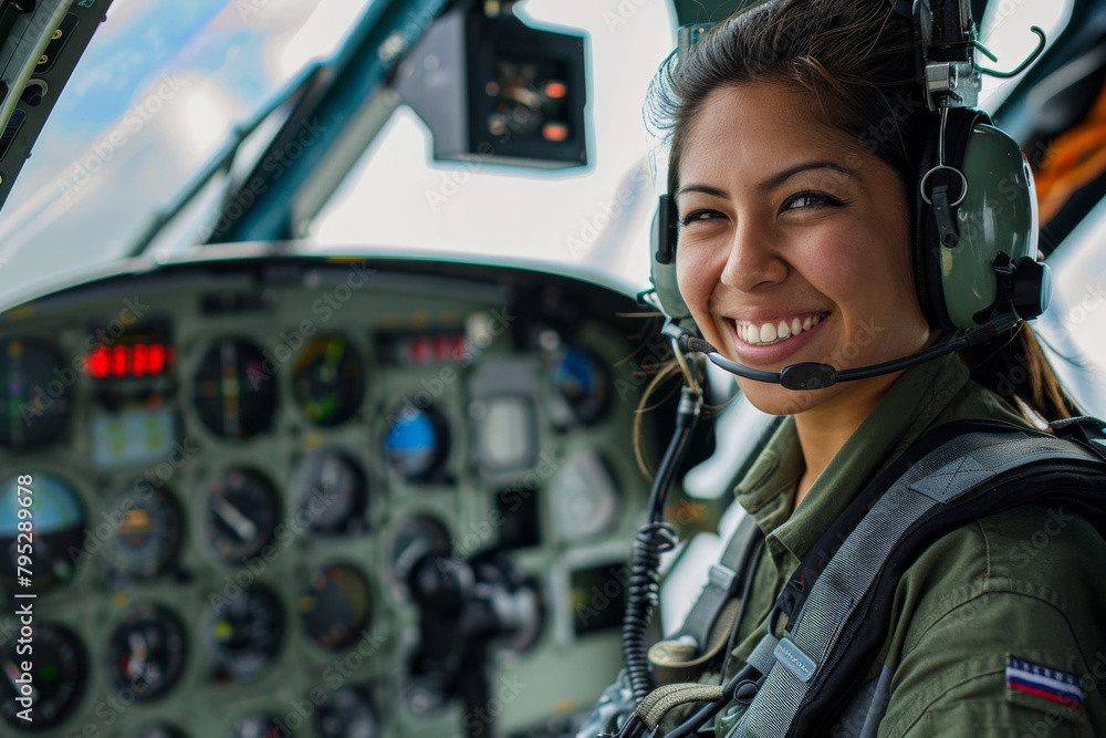 Confident, smiling female helicopter pilot: Woman in aviation ...
