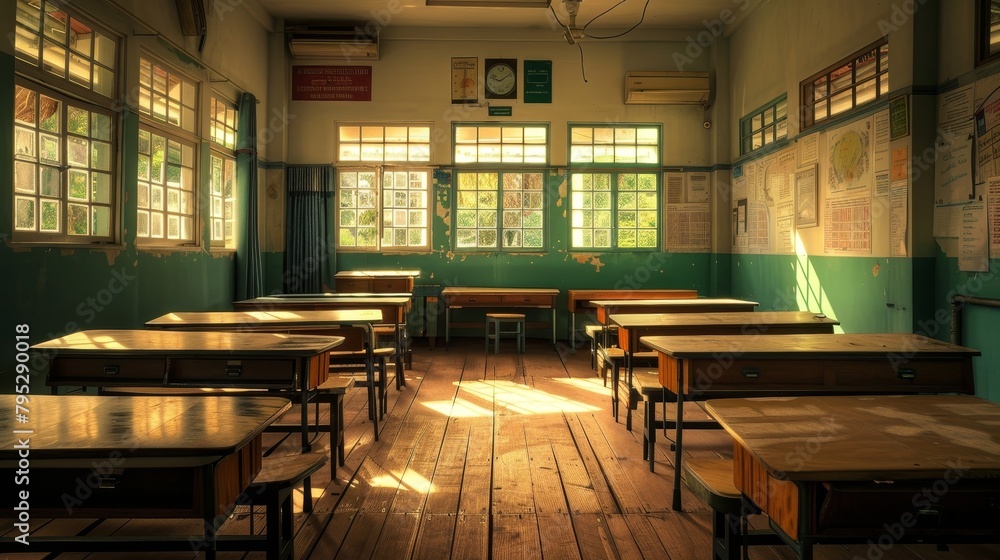 Timeless primary school classroom, no students, sunlight streaming ...