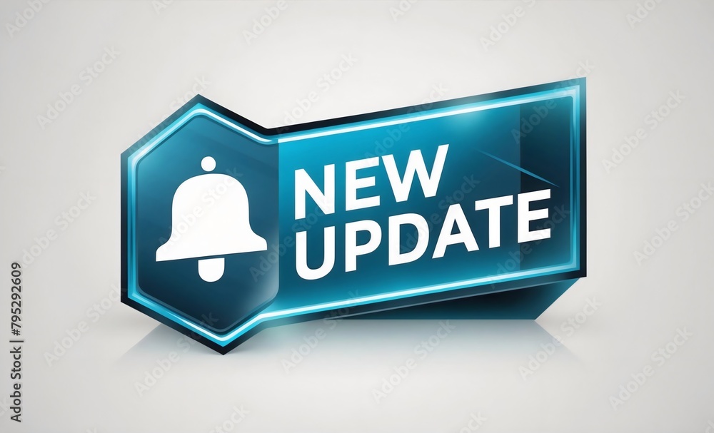 Blue and white notification big bell icon with "new update" text on ...