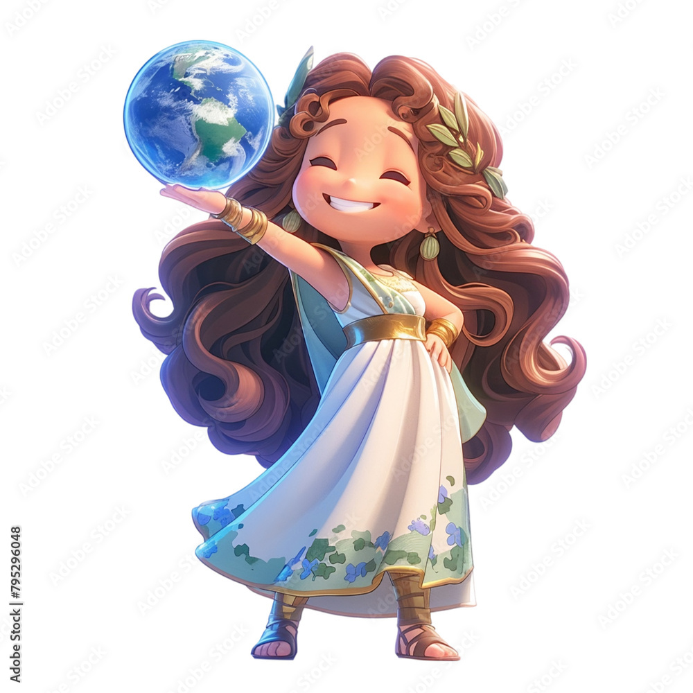 Cute Olympic goddess Gaia holding the planet Earth on transparent ...