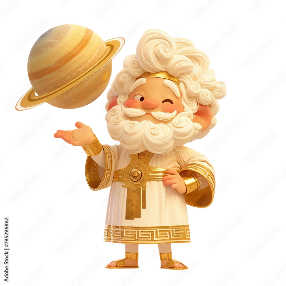 Cute Olympic god Kronos holding the planet Saturn on transparent ...