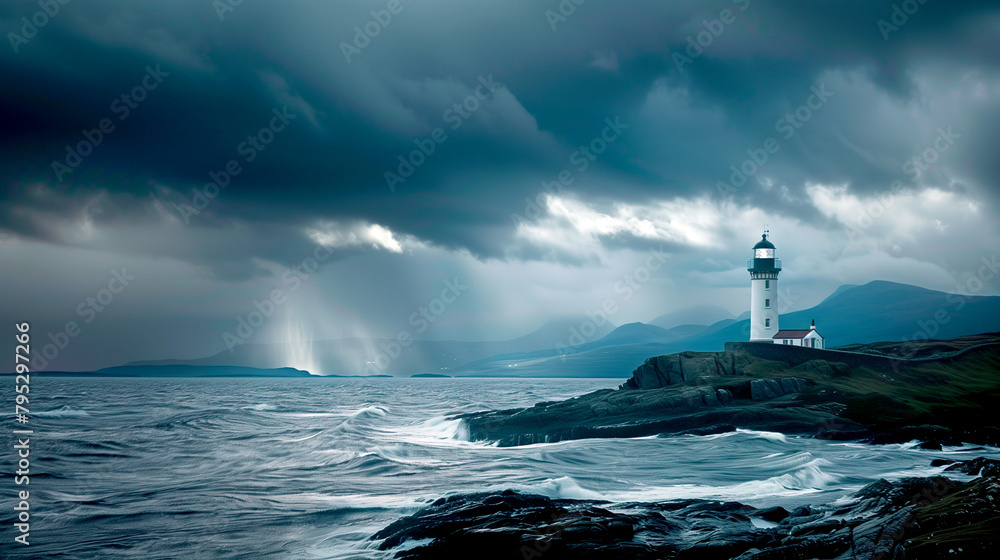 Beautiful moody Lighthouse scene with stormy skies and rain on a ...