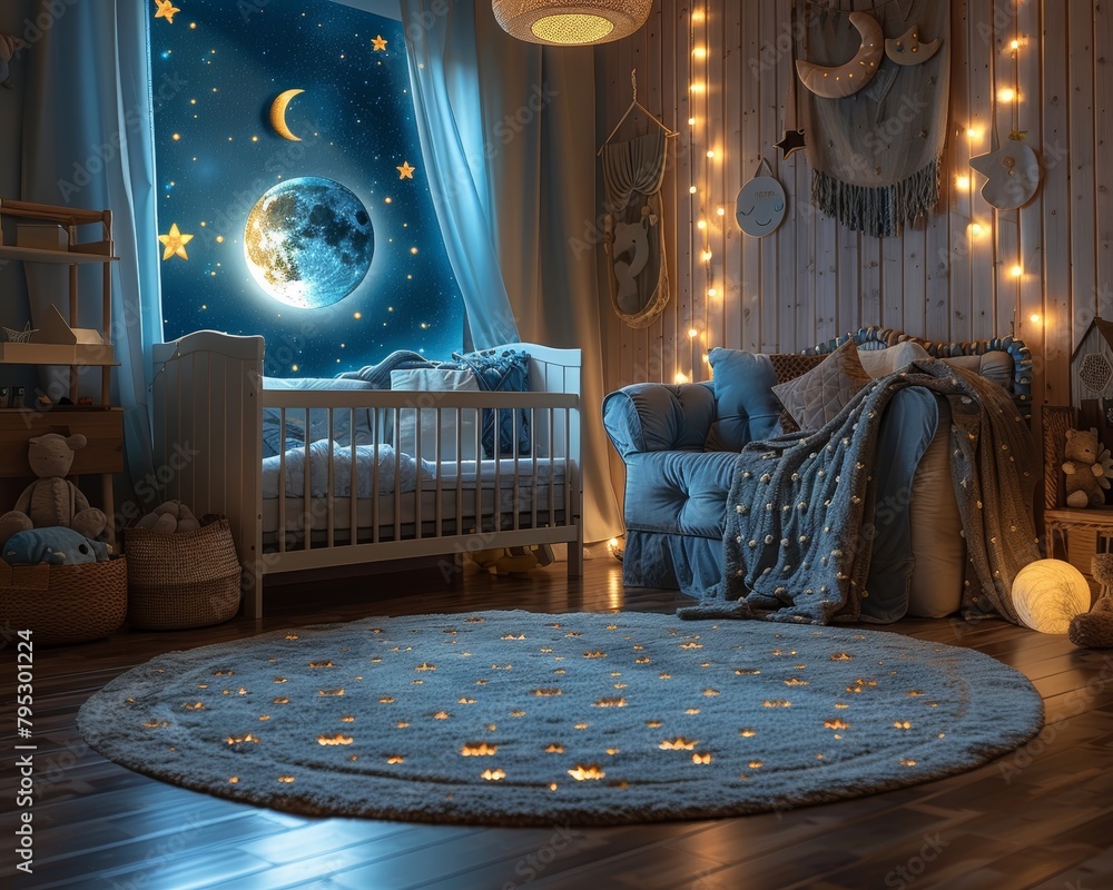 A cozy starry night nursery with a crib, a rocking chair, and a soft ...