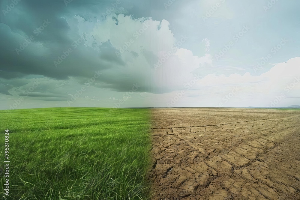 climate change contrast lush green field transitioning to barren ...