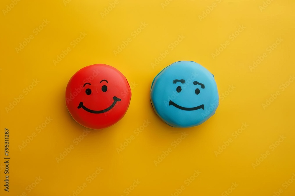 contrasting happy and sad smiley face emoticons on bright yellow ...