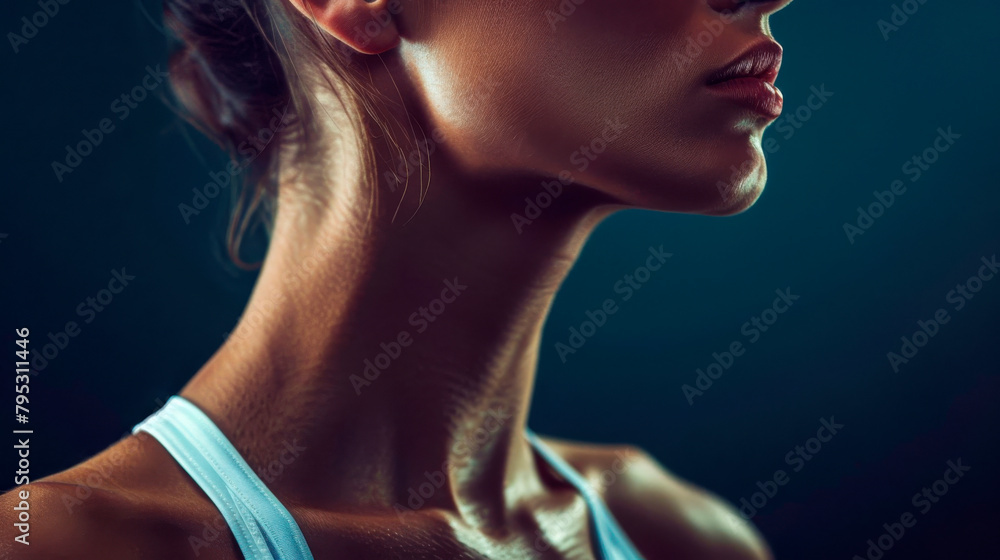 A tight shot of a woman's face showing sweat beads on her skin ...