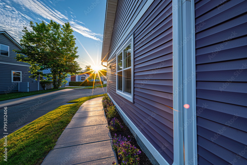 Sidewalk corner perspective of a dusk purple house with siding ...
