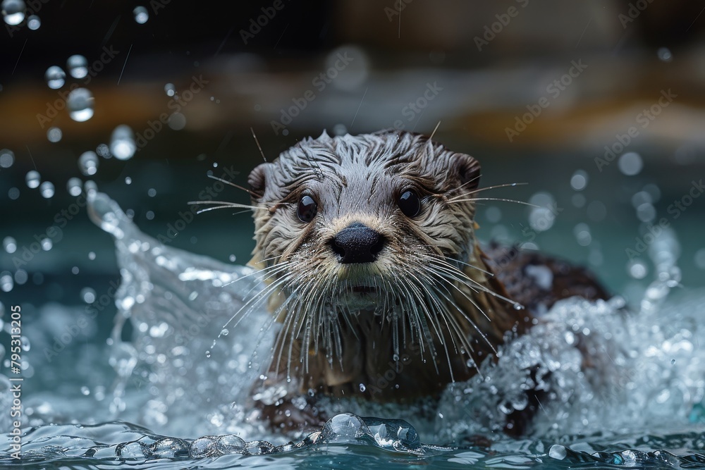 An engaging otter emerges from the water, whiskers dripping, its ...