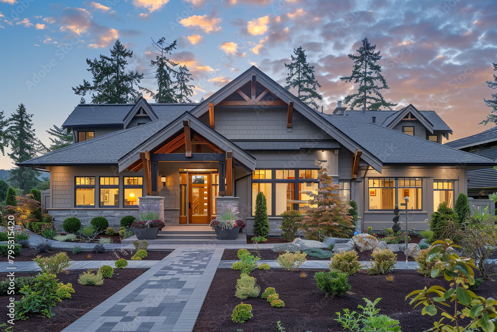 The front view of a cool slate gray craftsman cottage style house, with ...