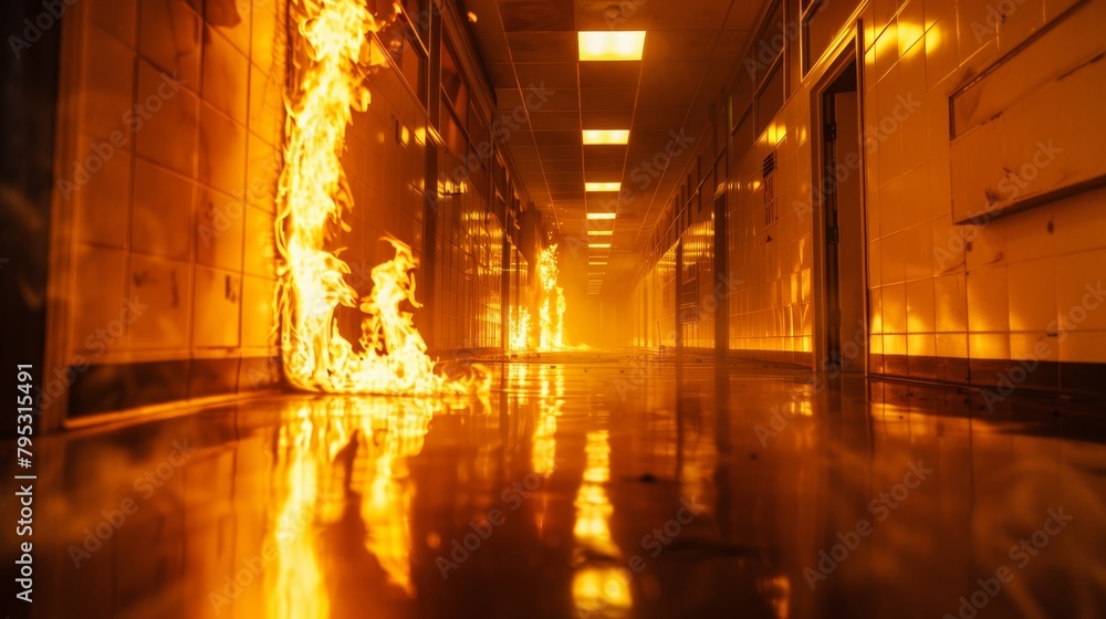 Sinister flames engulfing a high school hallway, close-up shot that ...