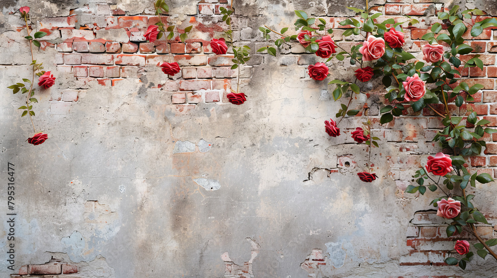 brick wall with a climbing rose, in a romantic and whimsical setting ...