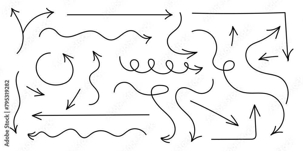 Set of arrow vector icons in doodle style. Hand drawn pointer signs ...
