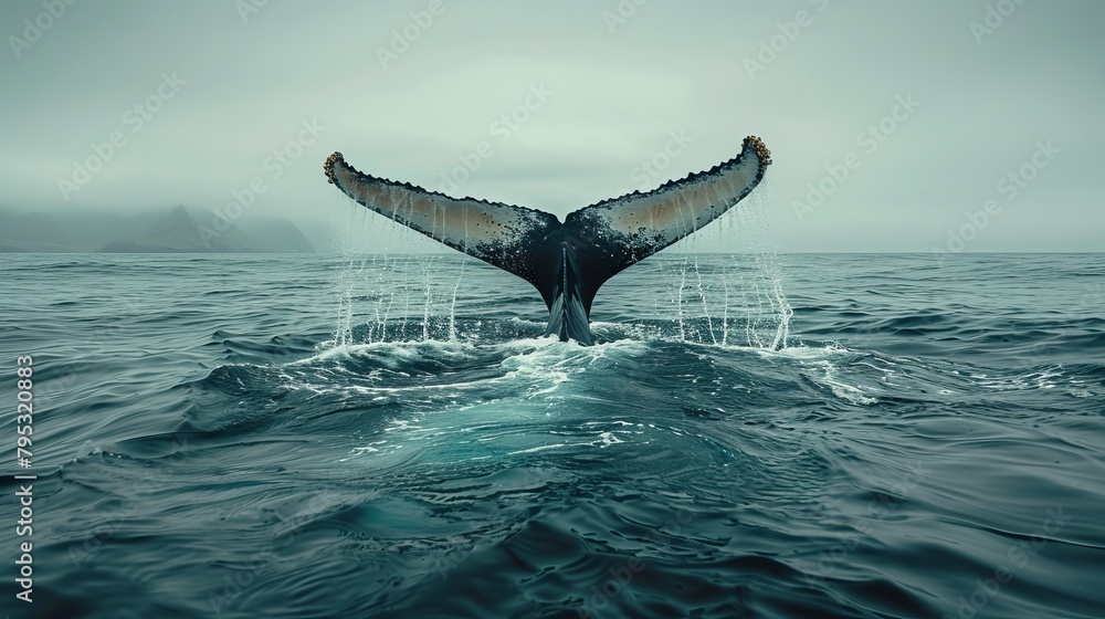Humpback whales perform tail swings in the Pacific Ocean in a display ...