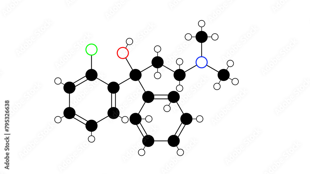 clofedanol molecule, structural chemical formula, ball-and-stick model ...