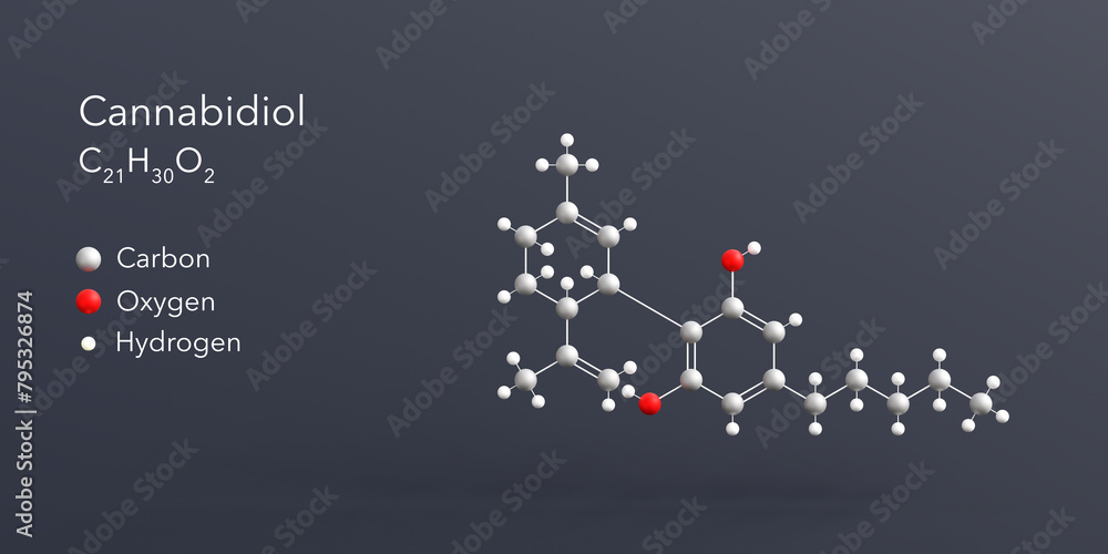 cannabidiol molecule 3d rendering, flat molecular structure with ...