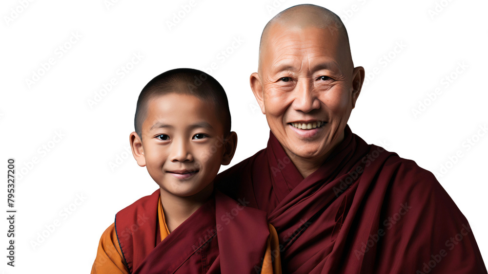 Portrait of a smiling father and son Buddhist monk with bald head ...